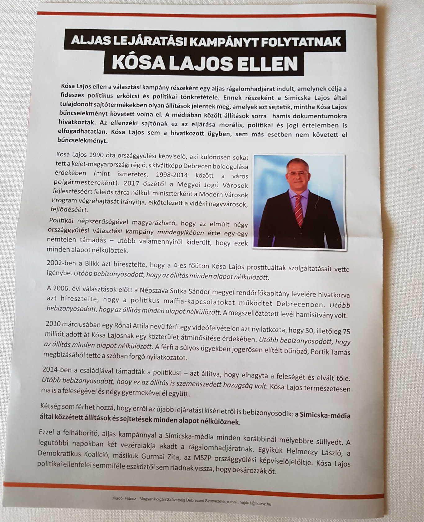 Fidesz: „Aljas lejáratási kampányt folytatnak Kósa Lajos ellen”